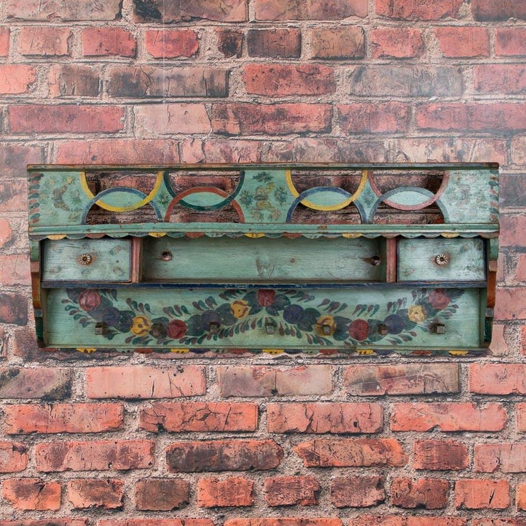 Antique Wall Rack With Original Green Folk Art Paint at 1stDibs