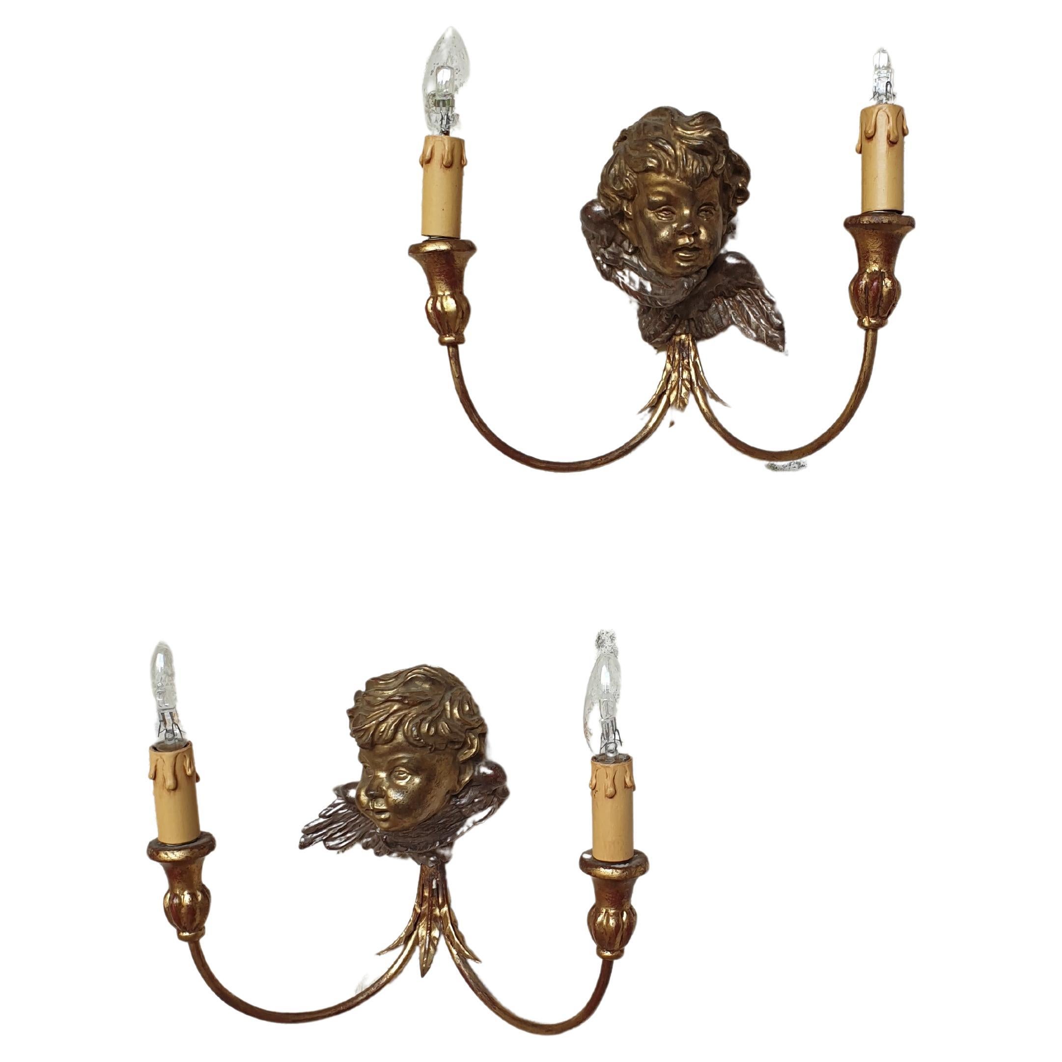 Antique Wall Sconces Gold French Cherub Wooden Bust Lights For Sale at ...