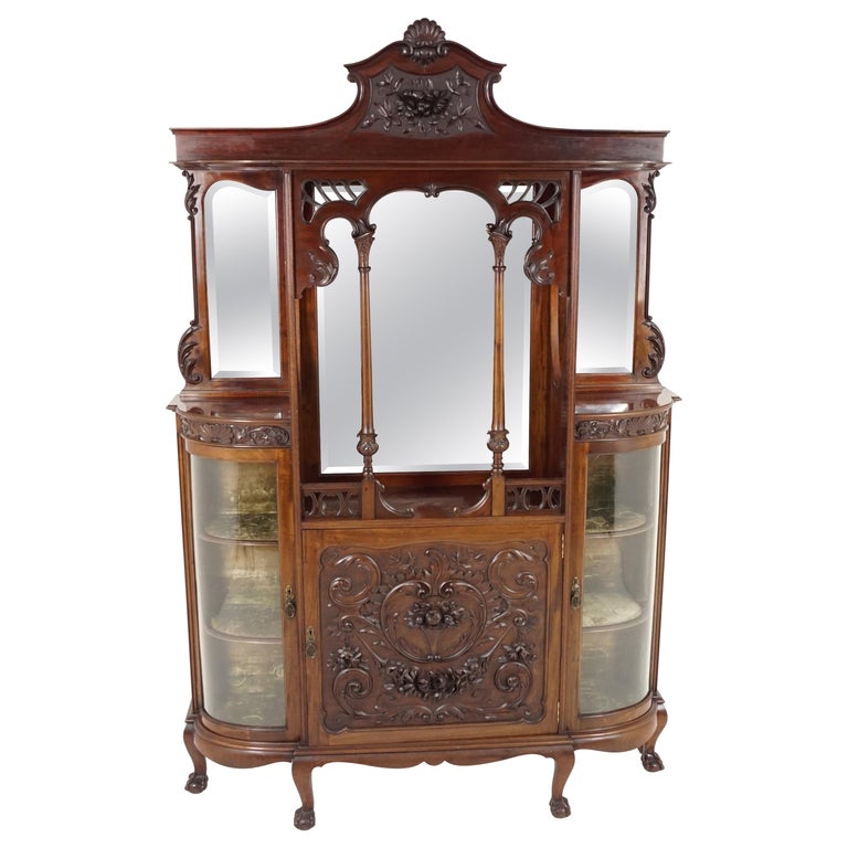 Antique Walnut Cabinet, Victorian Carved Parlor Cabinet, England 1880 ...