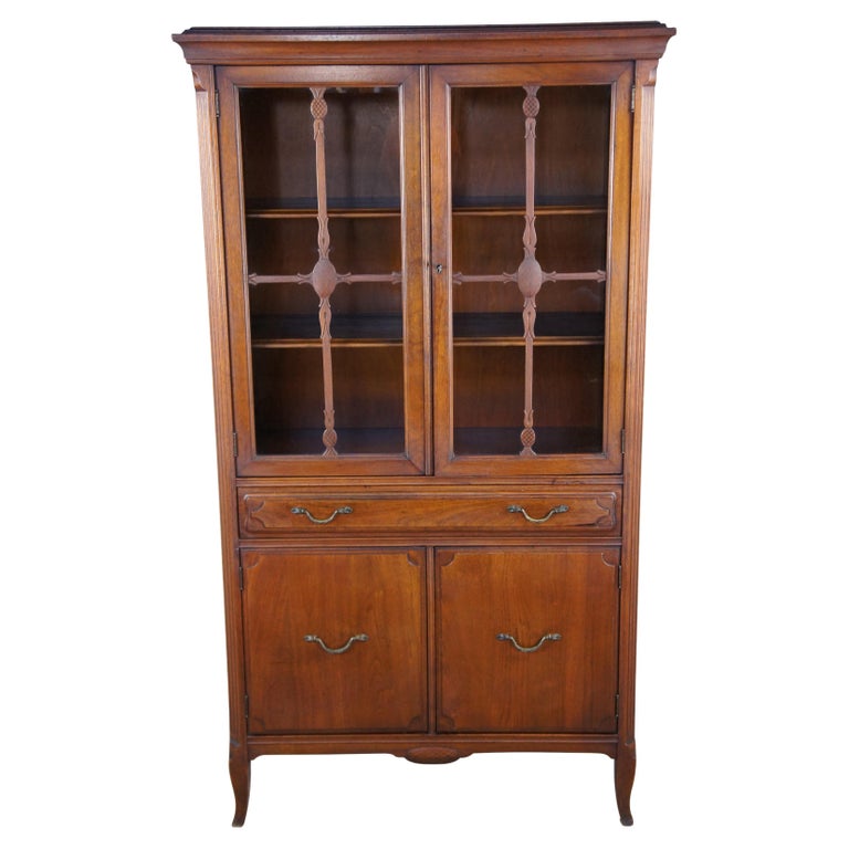 Antique Walnut China Curio Display Cabinet Hutch Library Bookcase ...