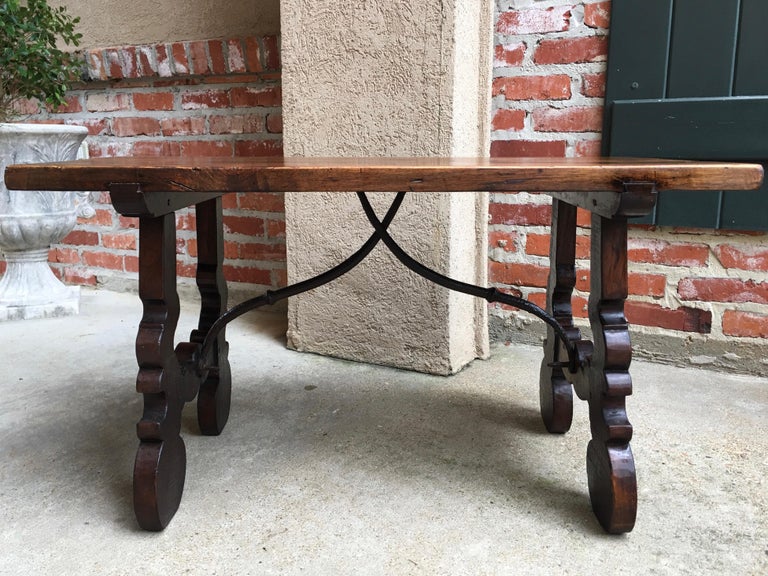 Antique Walnut Coffee Table Bench Catalan Spanish Iron Farm Country at ...