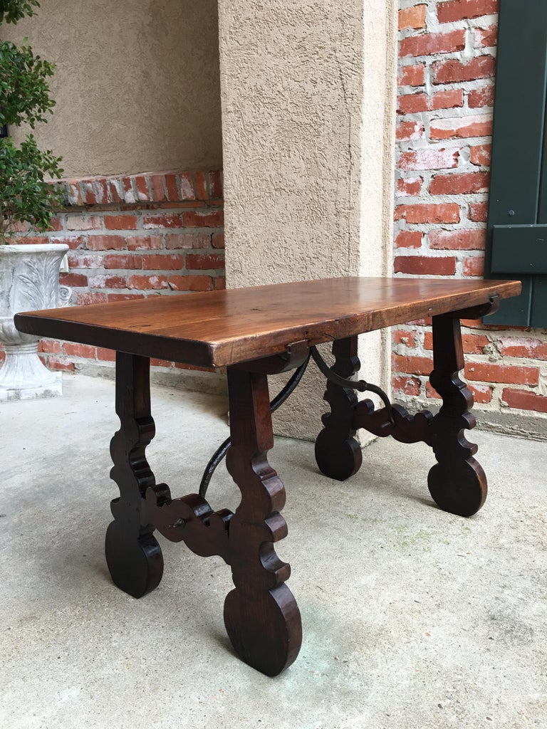 Antique Walnut Coffee Table Bench Catalan Spanish Iron Farm Country at ...