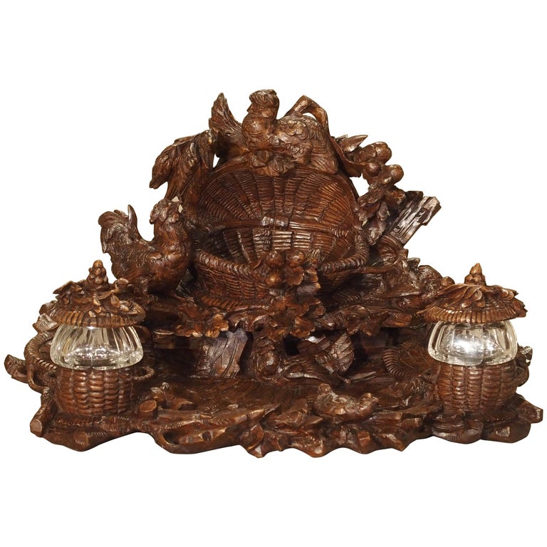 Antique Walnut Wood Black Forest Inkwell, circa 1900 at 1stDibs