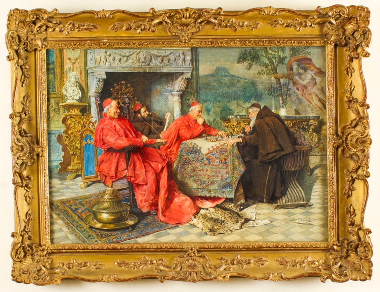 Antique Water Colour Augusto Daini 'The Chess Game' 19th Century at 1stDibs