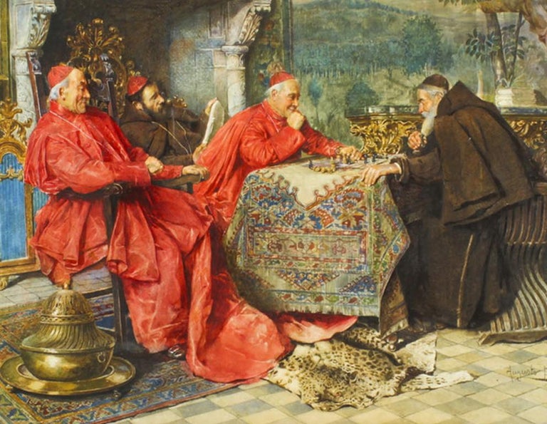 Antique Water Colour Augusto Daini 'The Chess Game' 19th Century at 1stDibs