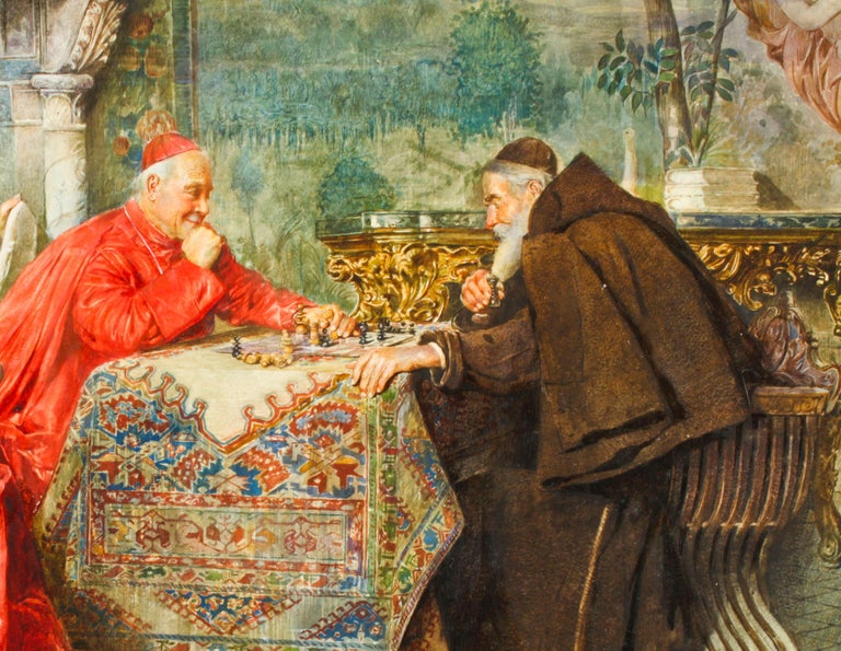 Antique Water Colour Augusto Daini 'The Chess Game' 19th Century at 1stDibs