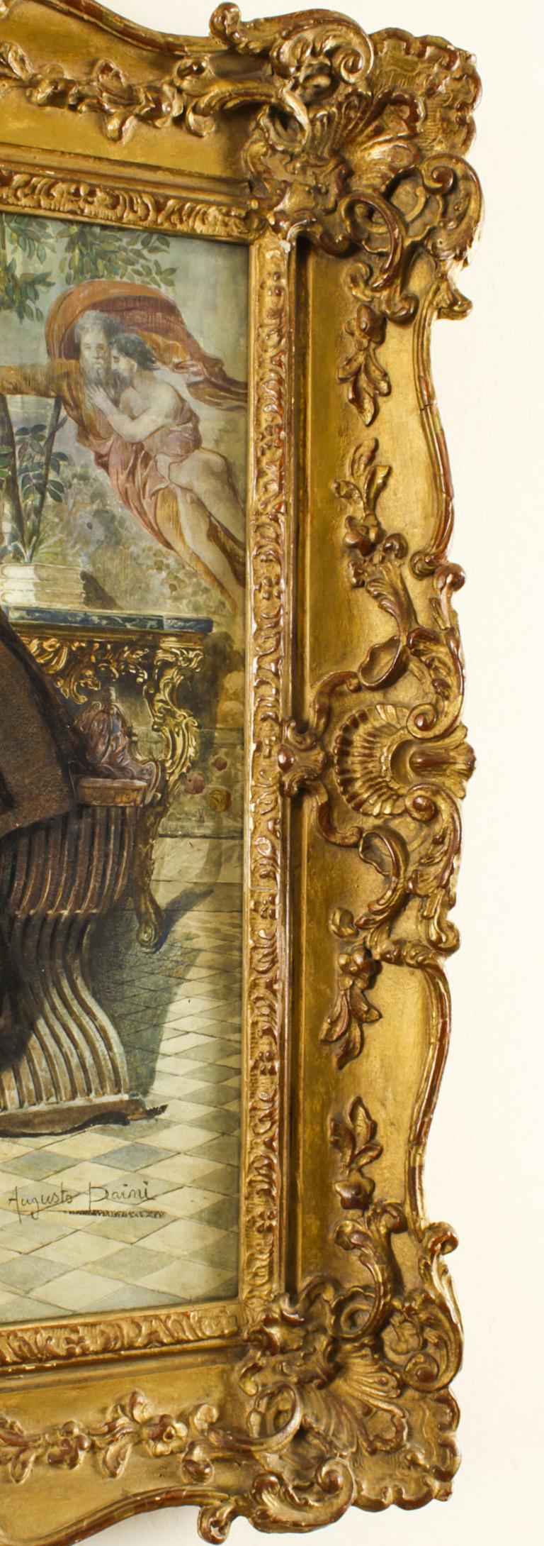 Antique Water Colour Augusto Daini 'The Chess Game' 19th Century at 1stDibs