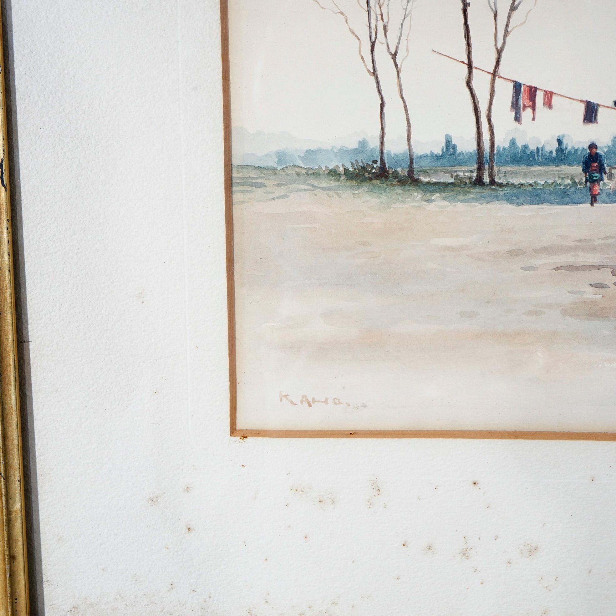 Antique Watercolor Painting, Landscape with Figure and Structure, circa ...
