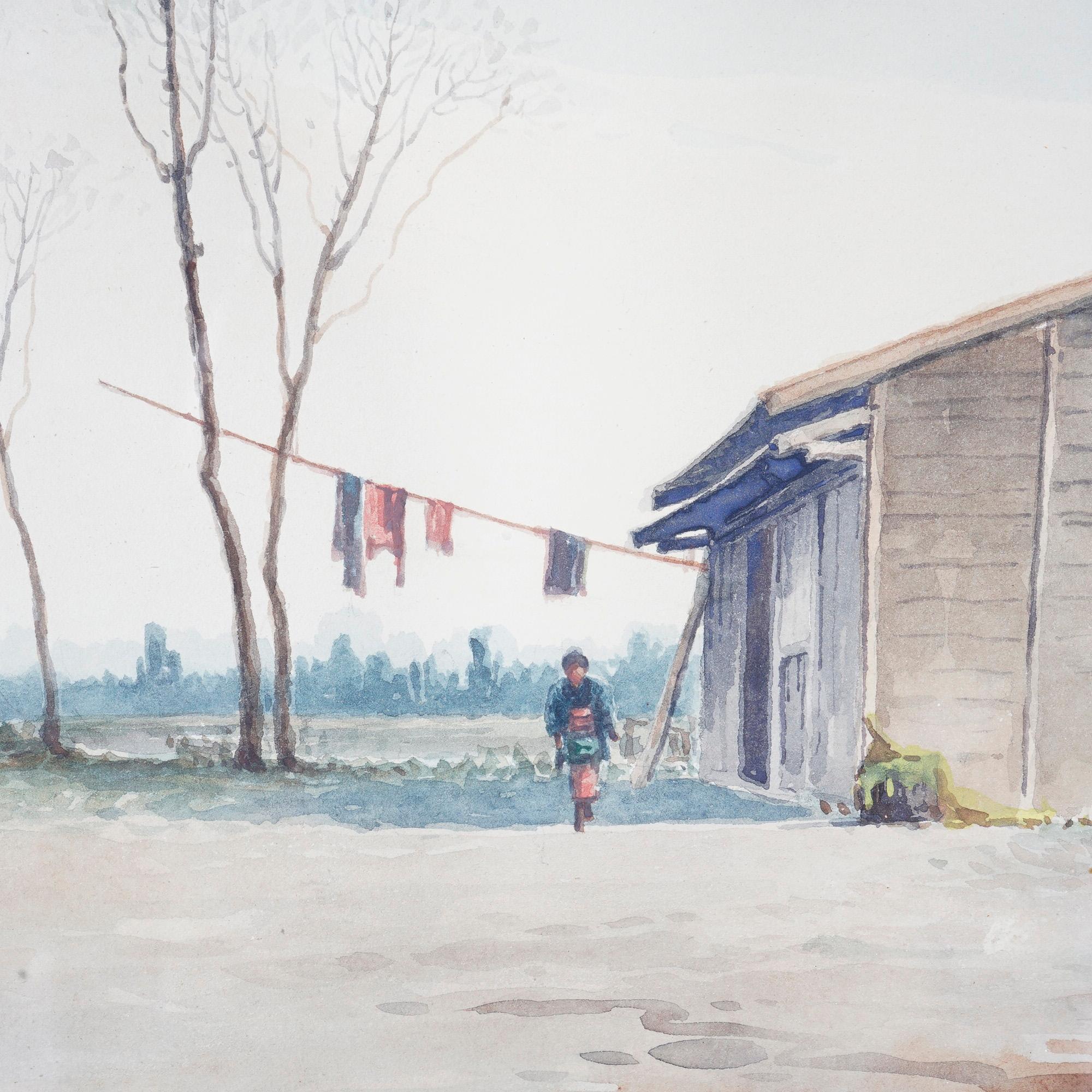 Antique Watercolor Painting, Landscape with Figure and Structure, circa ...