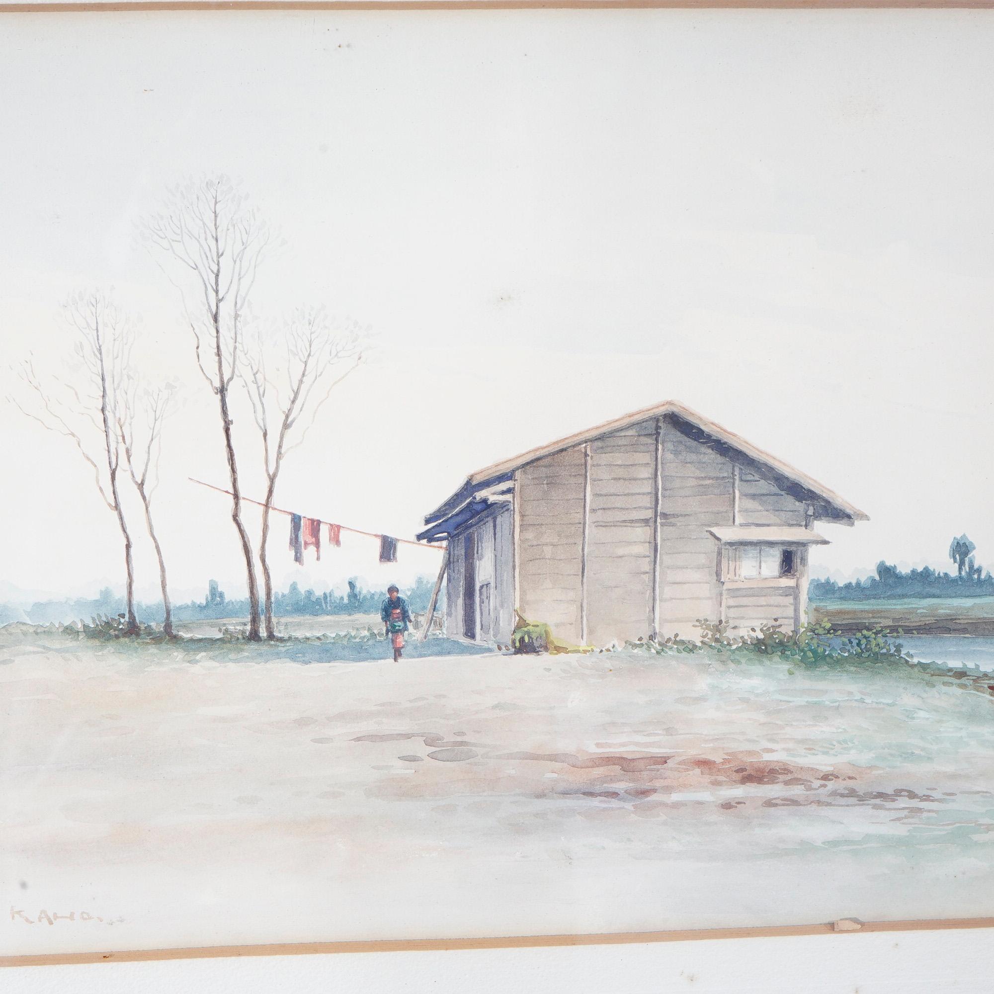 Antique Watercolor Painting, Landscape with Figure and Structure, circa ...