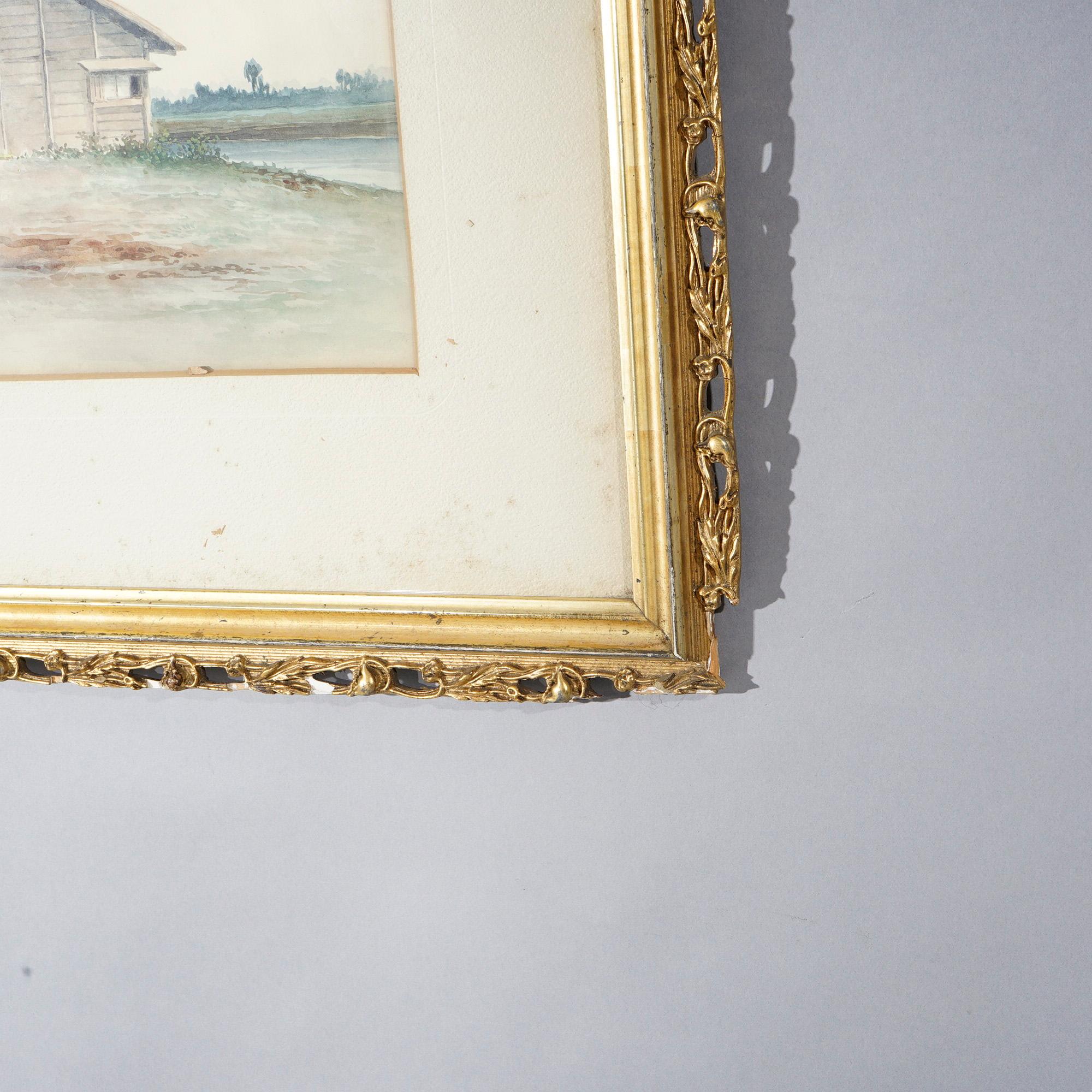 Antique Watercolor Painting, Landscape with Figure and Structure, circa ...