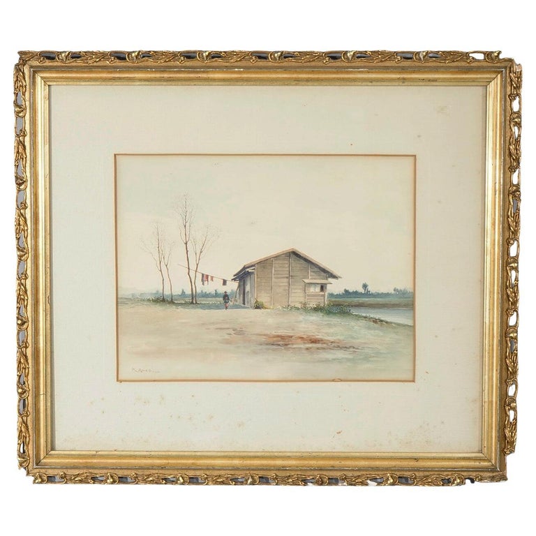 Peinture à l'aquarelle ancienne, paysage avec personnage et structure, vers 1900 En vente sur ...