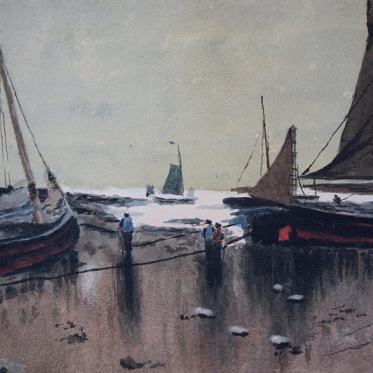 Antique Watercolor Seascape Painting with Fishing Boats and Figures by ...
