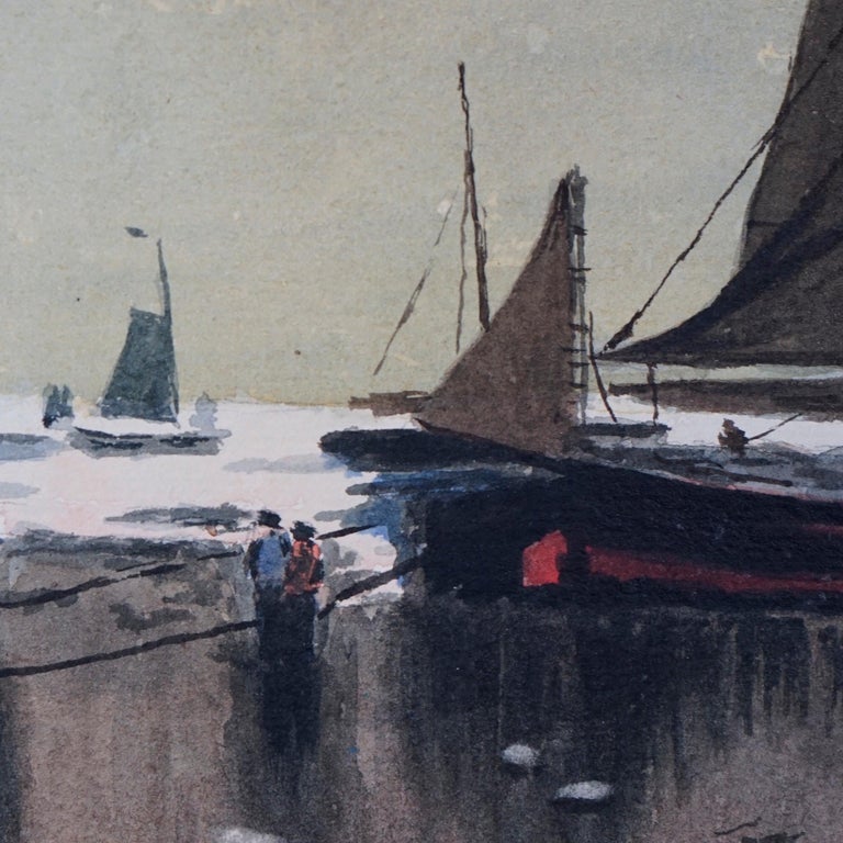 Antique Watercolor Seascape Painting with Fishing Boats and Figures by ...