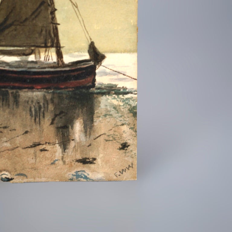 Antique Watercolor Seascape Painting with Fishing Boats and Figures by ...