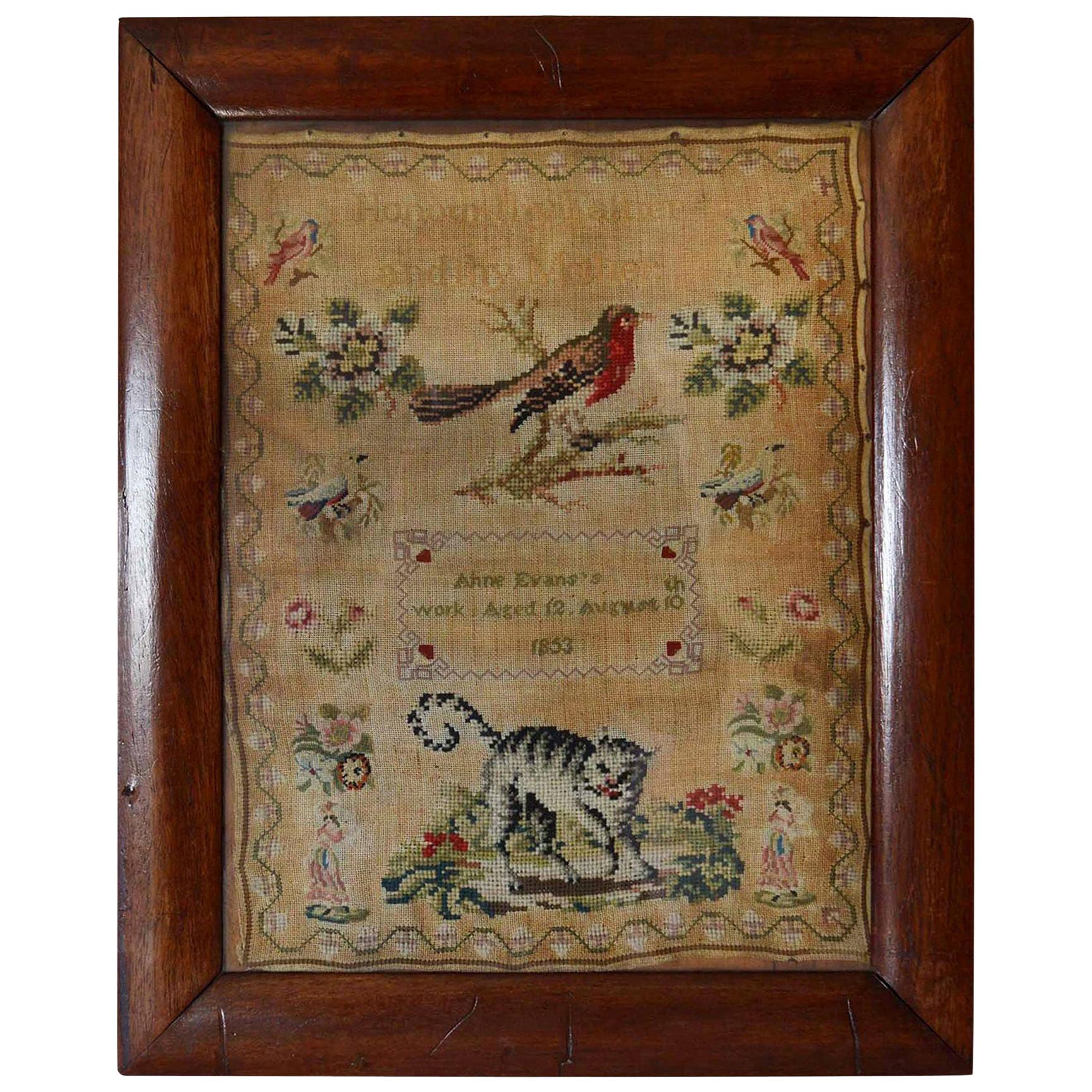 Antique Welsh Sampler with a Cat, Anne Evans, 1853 For Sale at 1stDibs