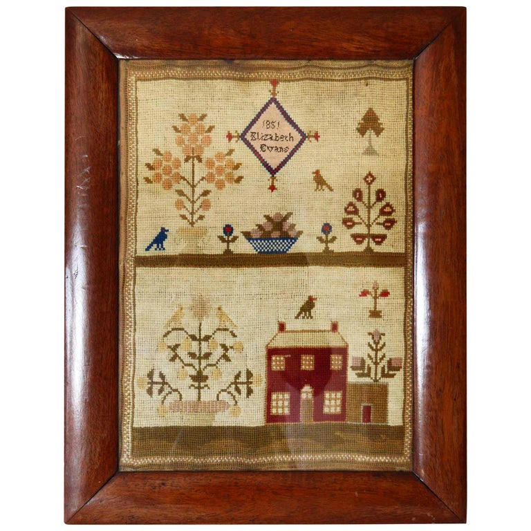 Antique Welsh Sampler with a Country House, Elizabeth Evans, 1851 For ...