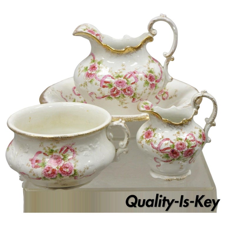 Antique W.H. Tatler Porcelain Pink Rose Flower Wash Basin - 4 Pc Set ...