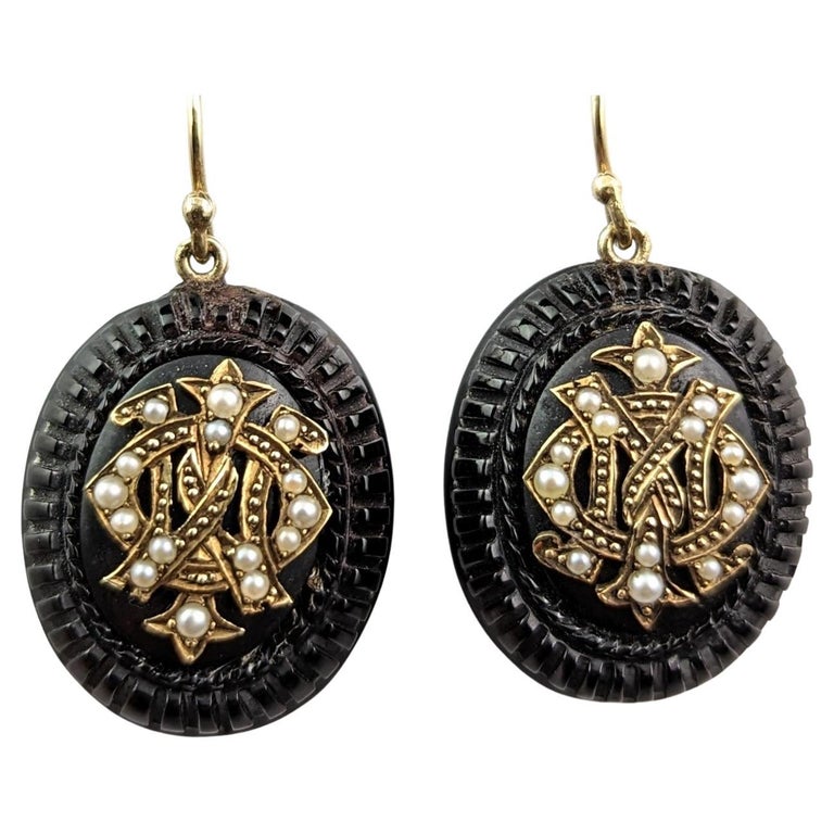 Antique Whitby Jet Mourning Earrings, 9k Gold and Seed Pearl, IMO For ...