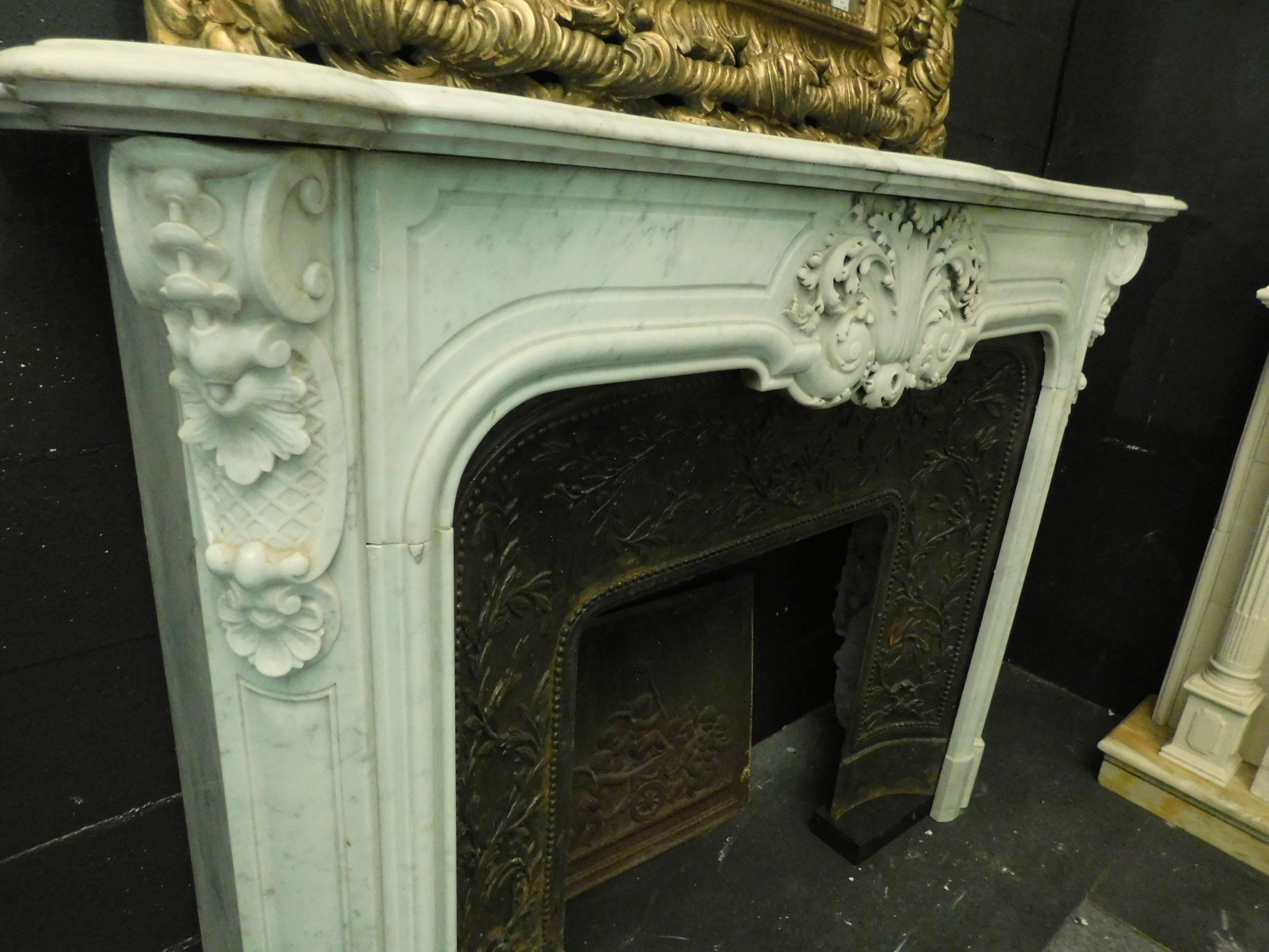 Antique White Marble Mantle Fireplace Carved Leaf Motifs, 1800, France ...