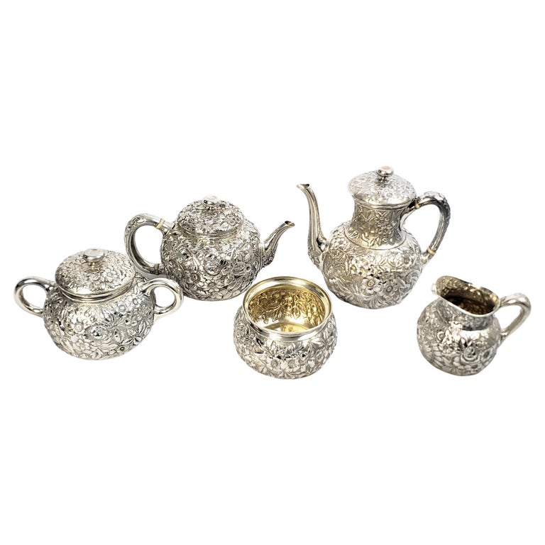 Antique Whiting 5 Piece "Repousse" Sterling Silver Tea Set with Floral ...