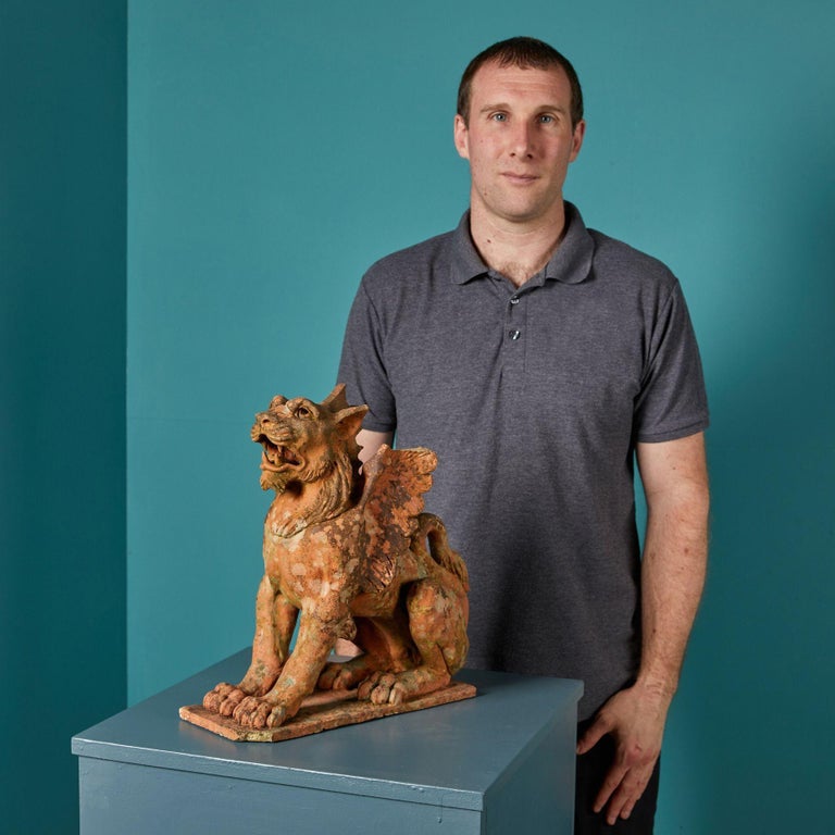 Antique Winged Lion Statue in Buff Terracotta For Sale at 1stDibs