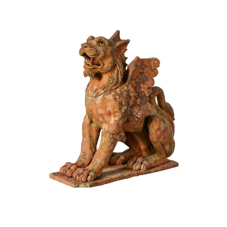 Antique Winged Lion Statue in Buff Terracotta For Sale at 1stDibs