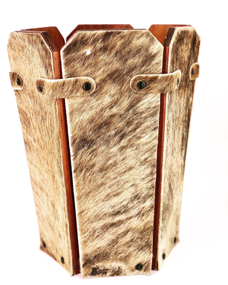 Antique Wood Cowhide Covered Rustic Waste Basket at 1stDibs