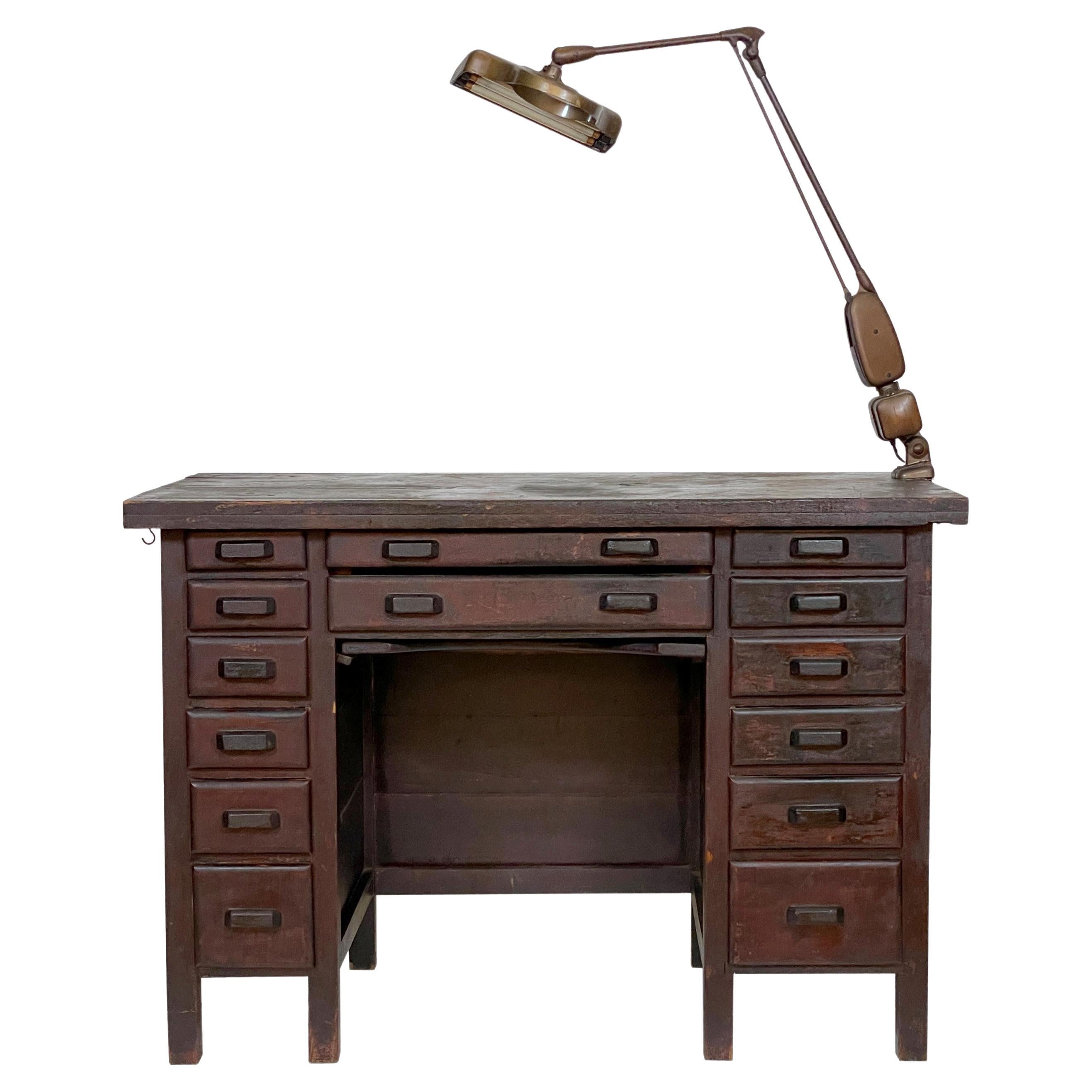 Antique Wood Jewelers Desk w Magnifying Glass Lamp Light by The Pelham ...