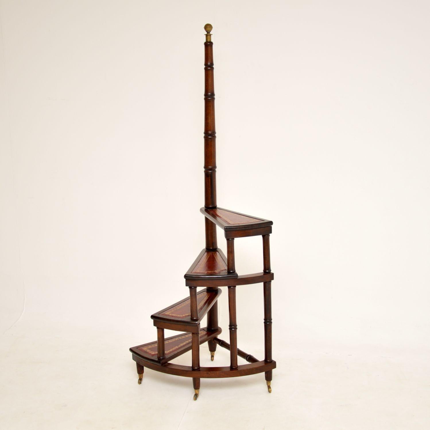 Antique Wood and Leather Library Steps at 1stDibs