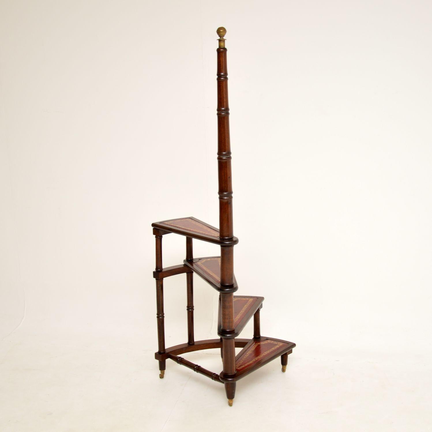 Antique Wood and Leather Library Steps at 1stDibs