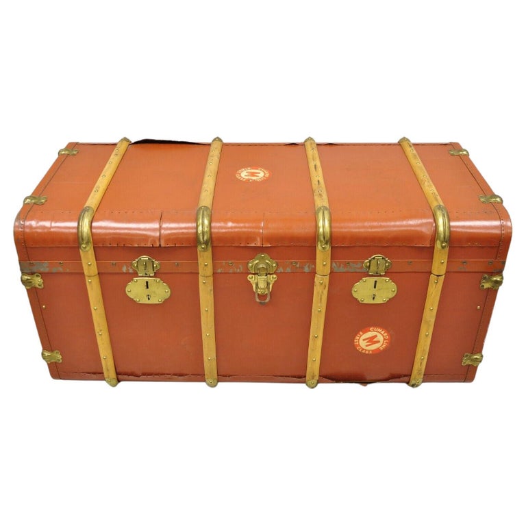 Antique Wooden Band Large Steamer Trunk Orange Ship Trunk Cunard Line ...