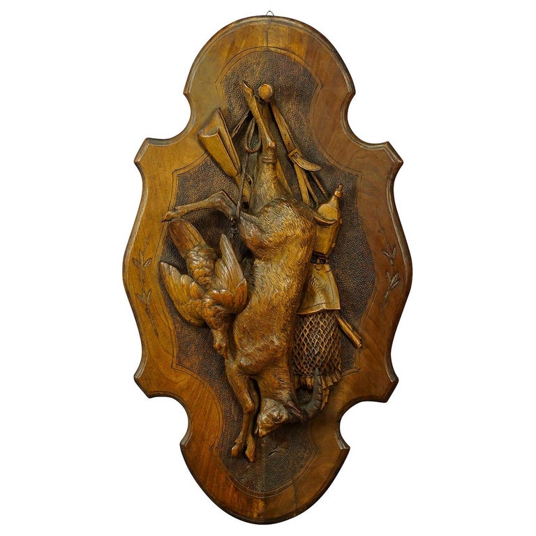 Antique Wooden Carved Black Forest Game Plaque with Ibex at 1stDibs