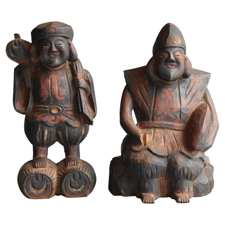 Antique Wooden Sculptures of Japanese Gods / Buddha Statues / Edo-Meiji ...