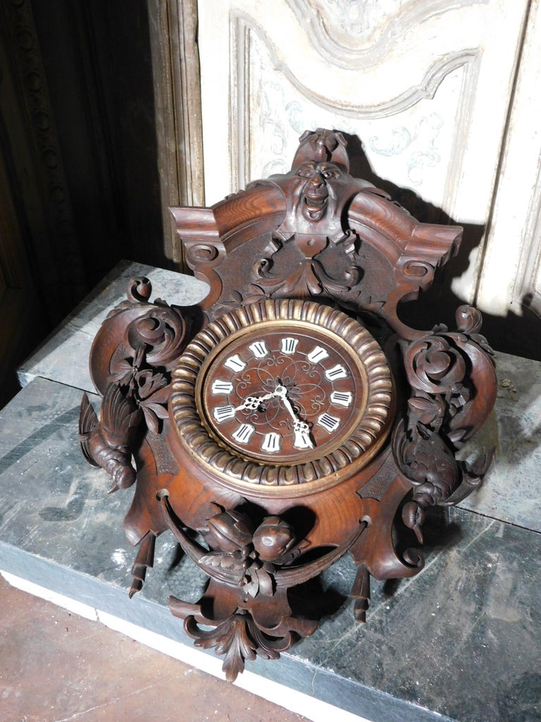 Antique Wooden Wall Clock, Brown Richly Decorated, 1800, Italy at 1stDibs