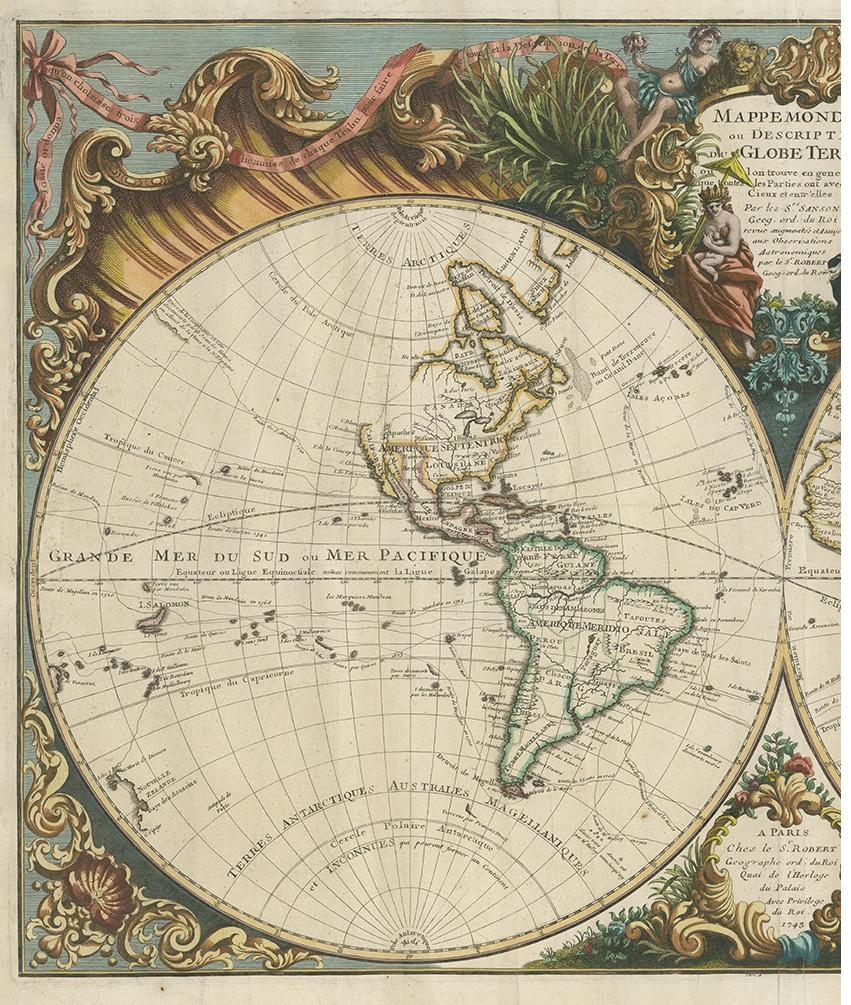 Stunning Original Antique World Map in Decorative Hand-Colouring, 1743 ...