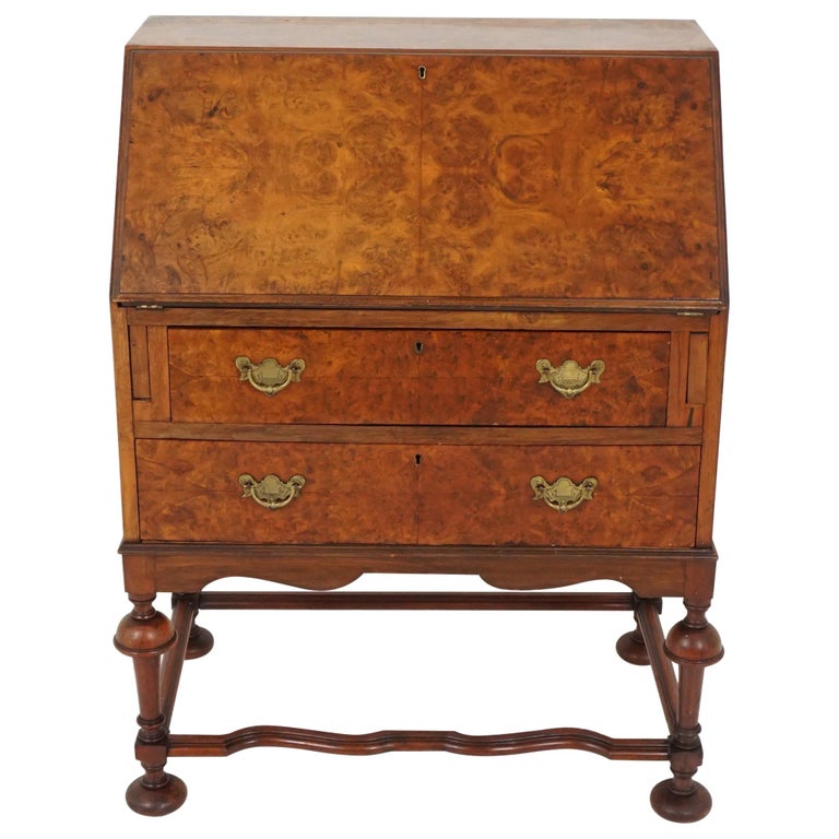 Antique Writing Desk, Burr Walnut Ladies Slant Front Desk, Scotland ...
