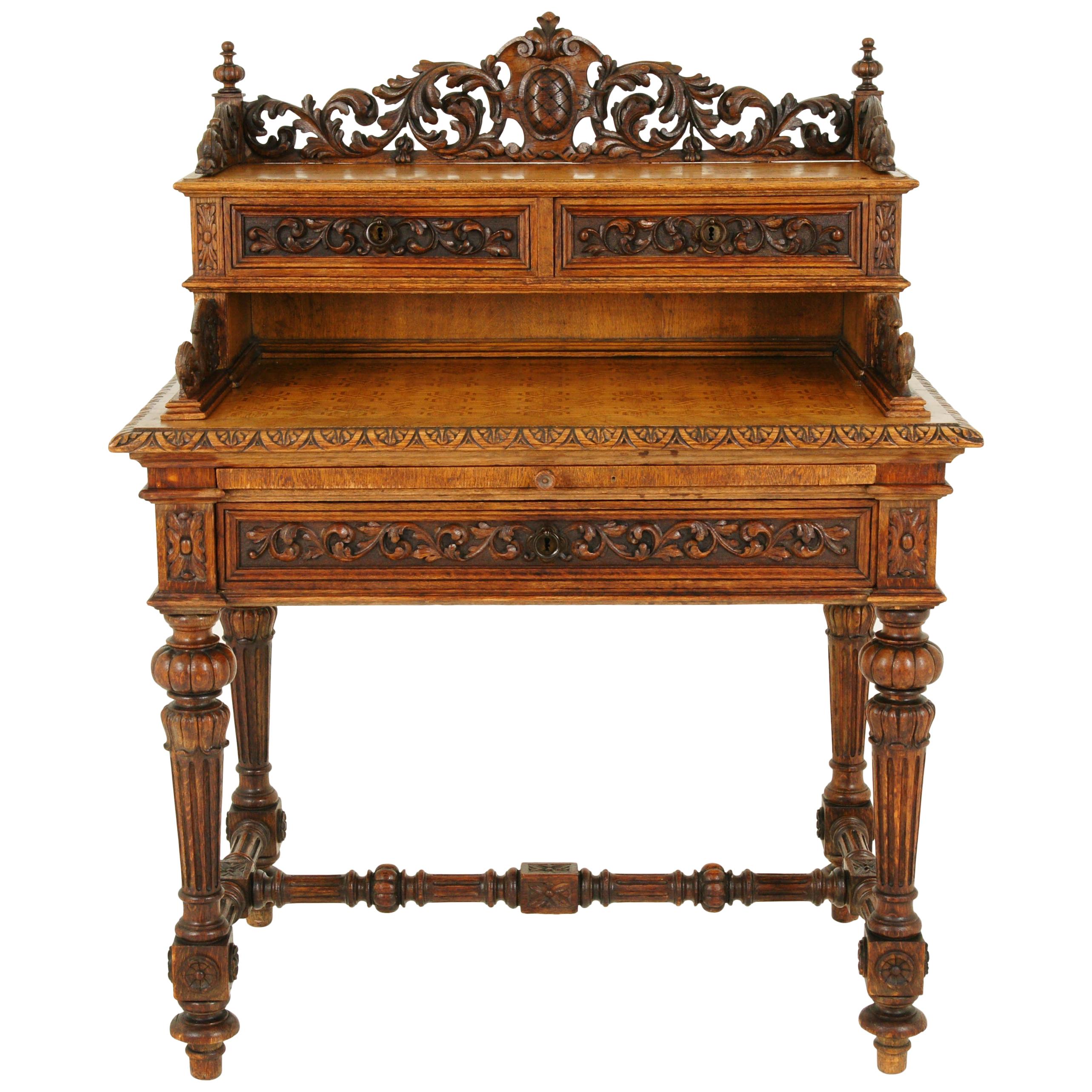 Antique Writing Desk, Carved Oak Desk, France 1880, Antique Furniture ...