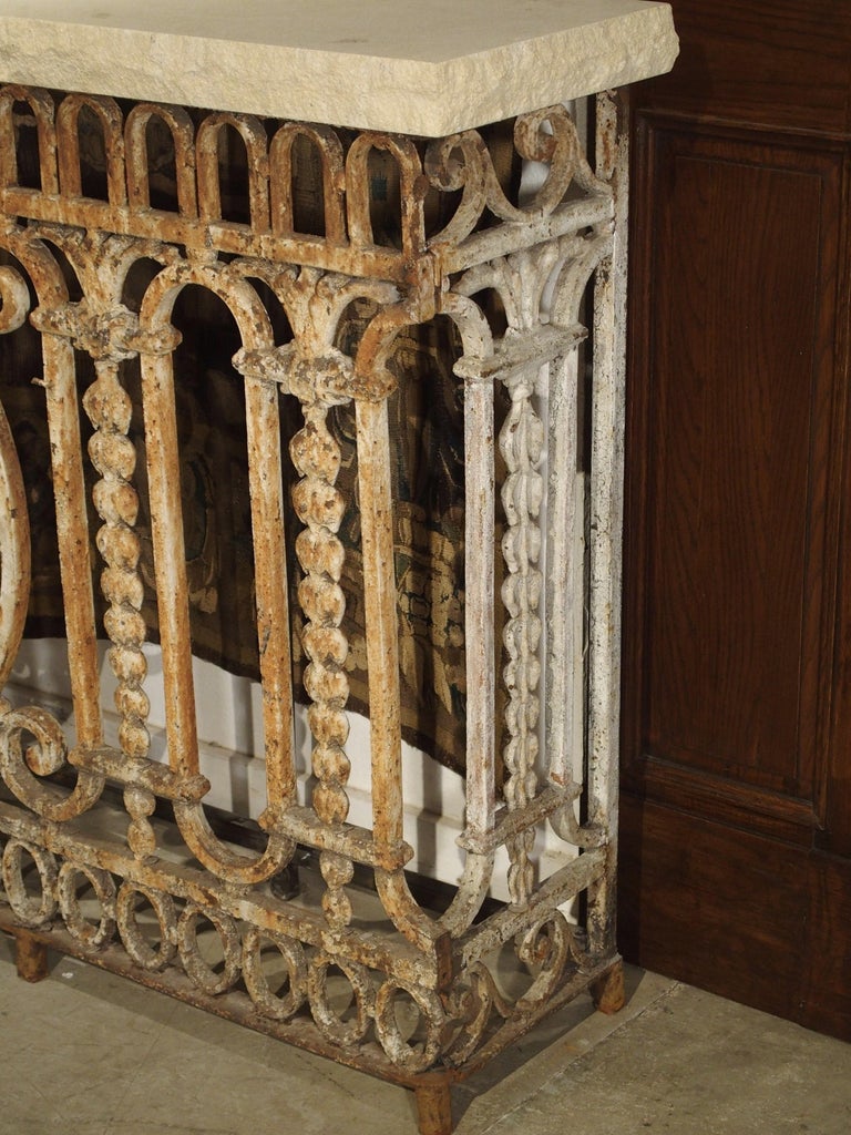Antique Wrought Iron Balcony Gate Console Table with Limestone Top at ...