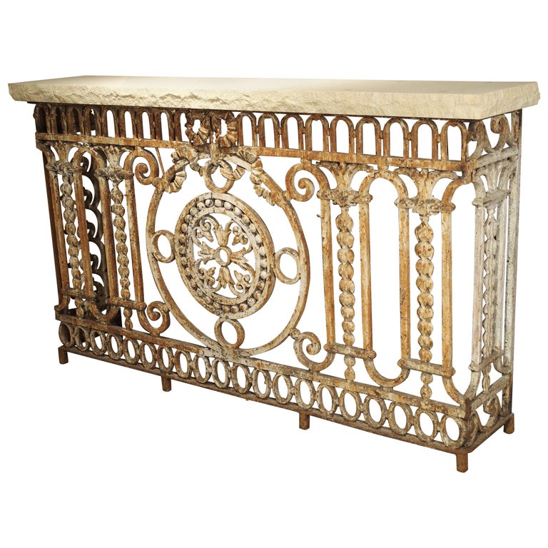 Antique Wrought Iron Balcony Gate Console Table with Limestone Top at ...
