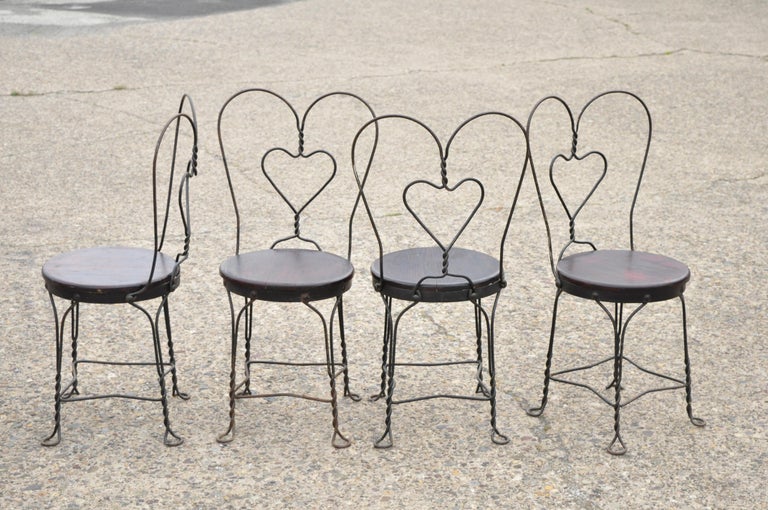 Antique Wrought Iron Heart Back Ice Cream Parlor 4 Dining Chairs Table ...