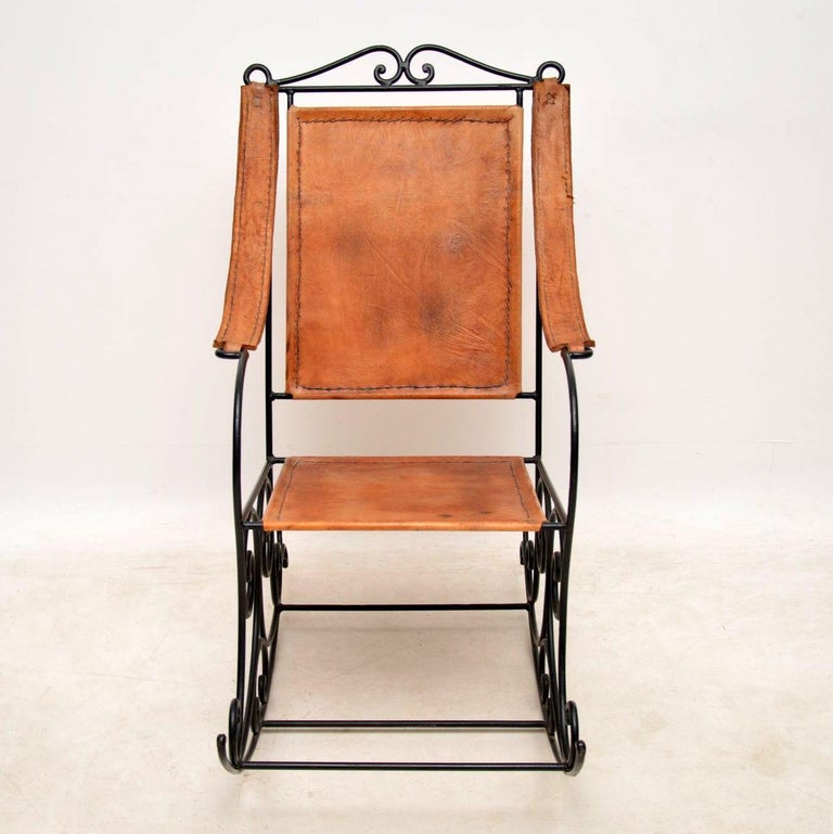 Antique Wrought Iron and Leather Rocking Chair at 1stDibs