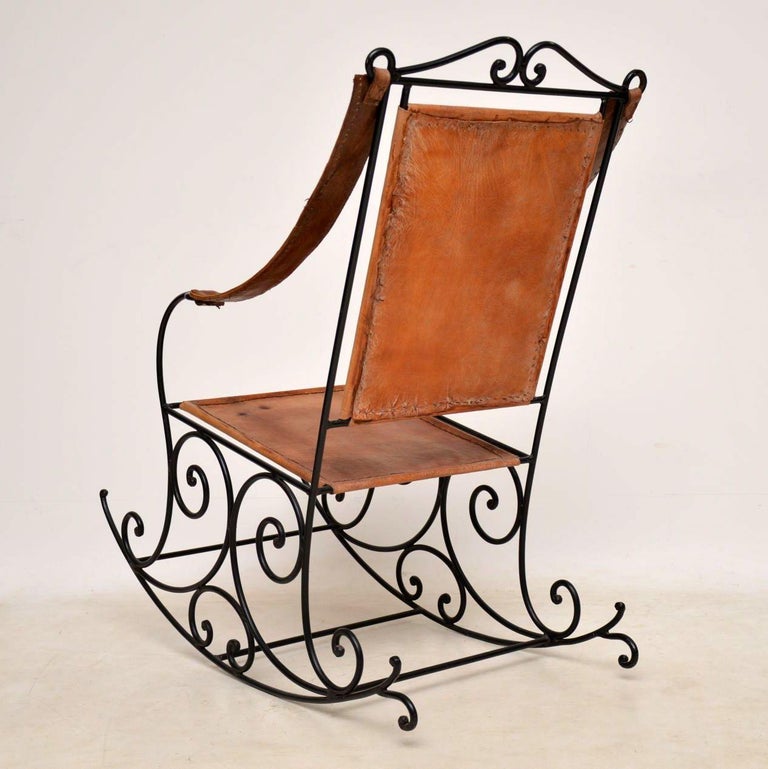 Antique Wrought Iron and Leather Rocking Chair at 1stDibs