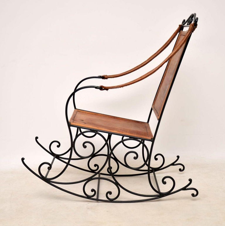 Antique Wrought Iron and Leather Rocking Chair at 1stDibs