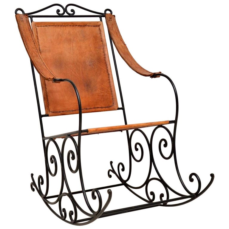 Antique Wrought Iron and Leather Rocking Chair For Sale at 1stDibs