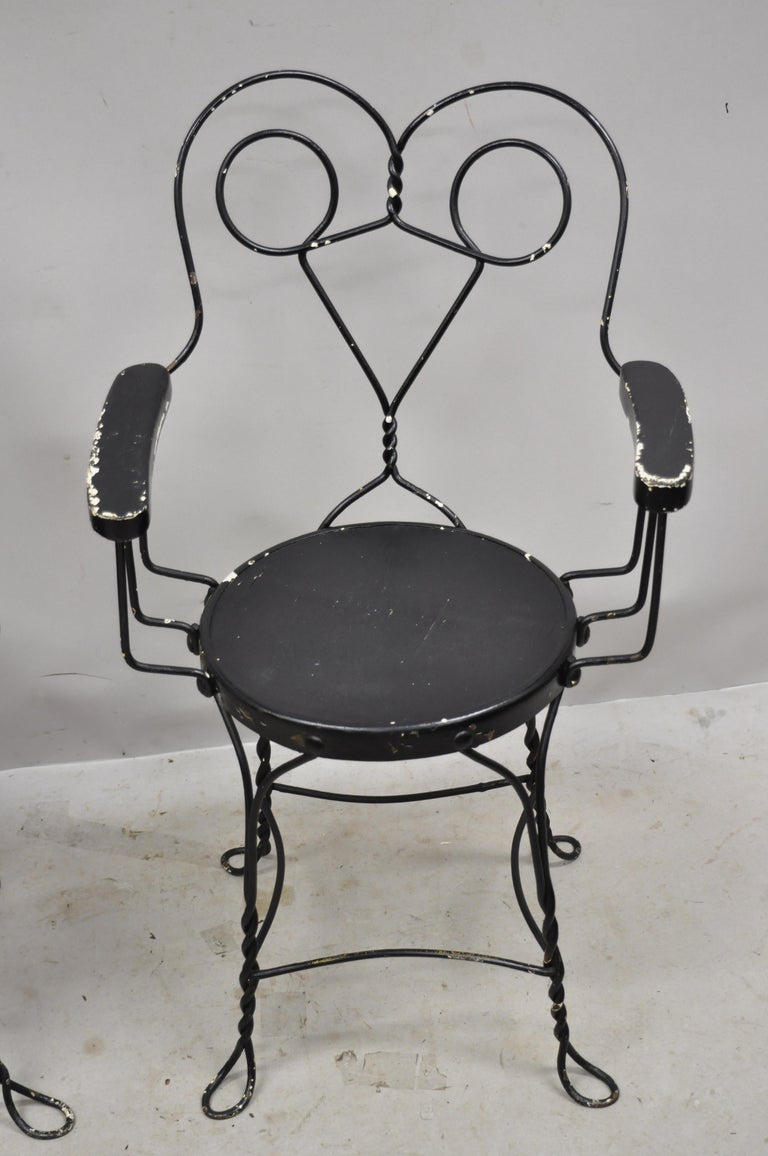 Antique Wrought Iron Twisted Metal Ice Cream Parlor Arm Chairs Wood ...