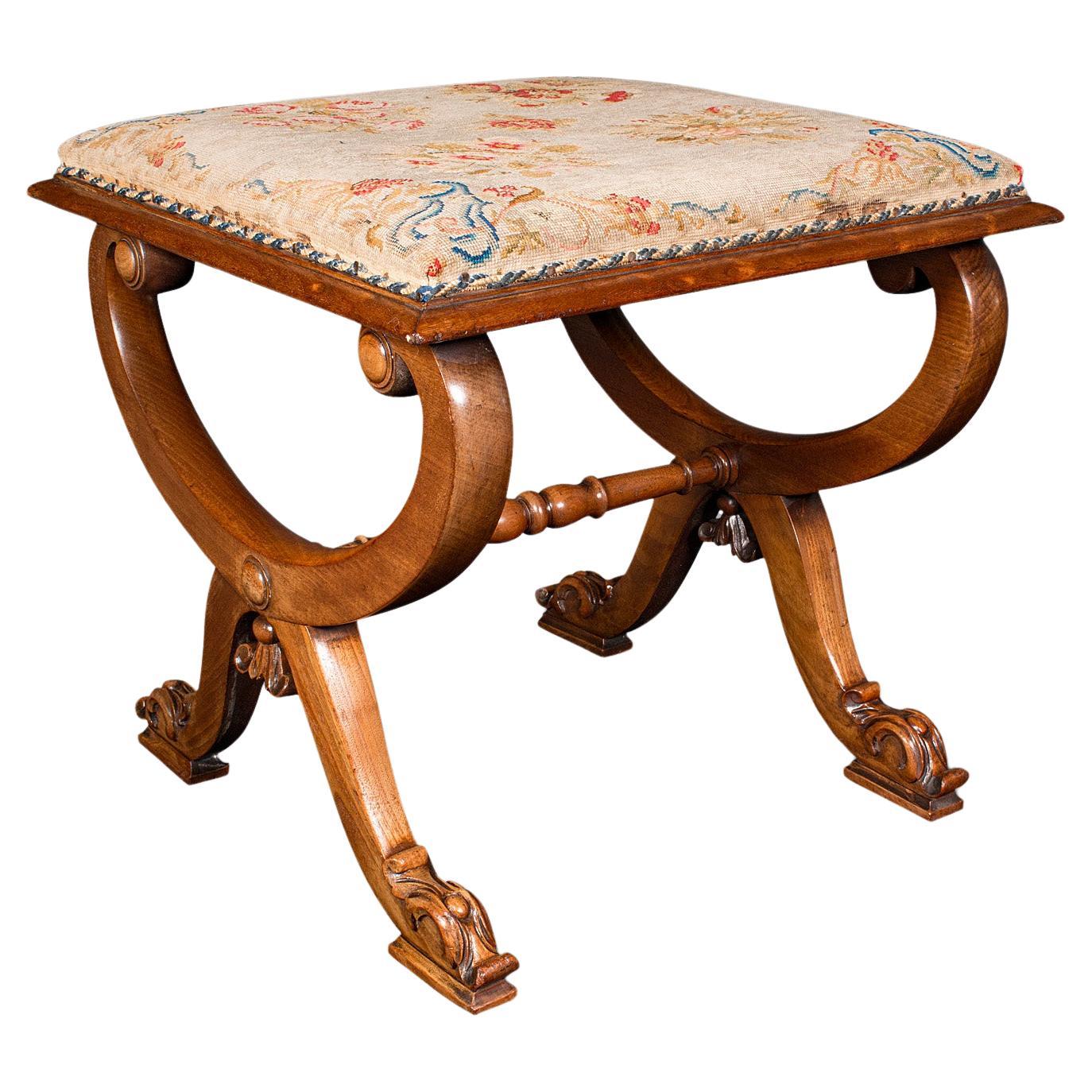 Antique Embroidered Footstool, English, Gilt Brass, Fireside, Stool ...