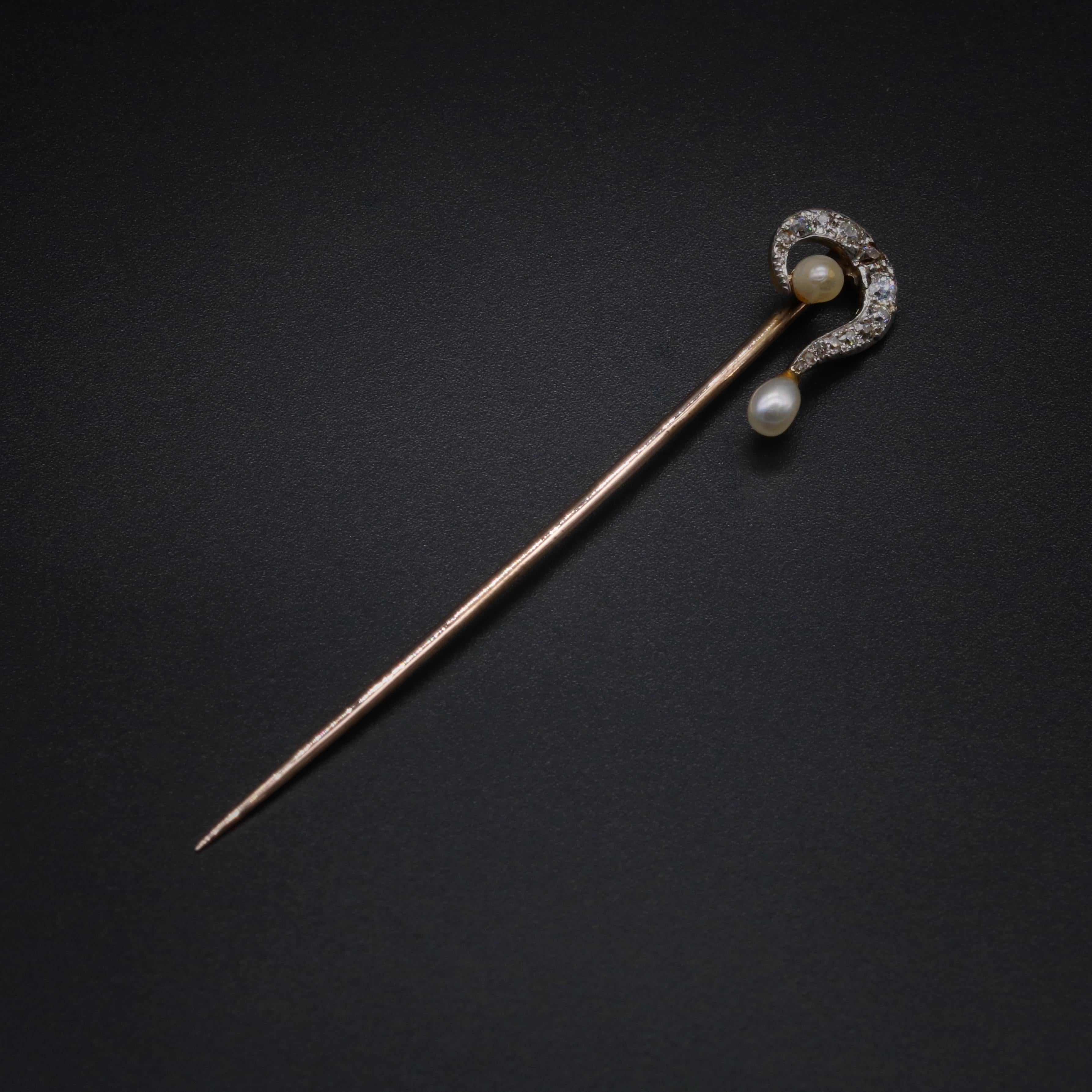 Antique Yellow Gold Diamond and Pearl Question Mark Stick Pin in Fitted ...