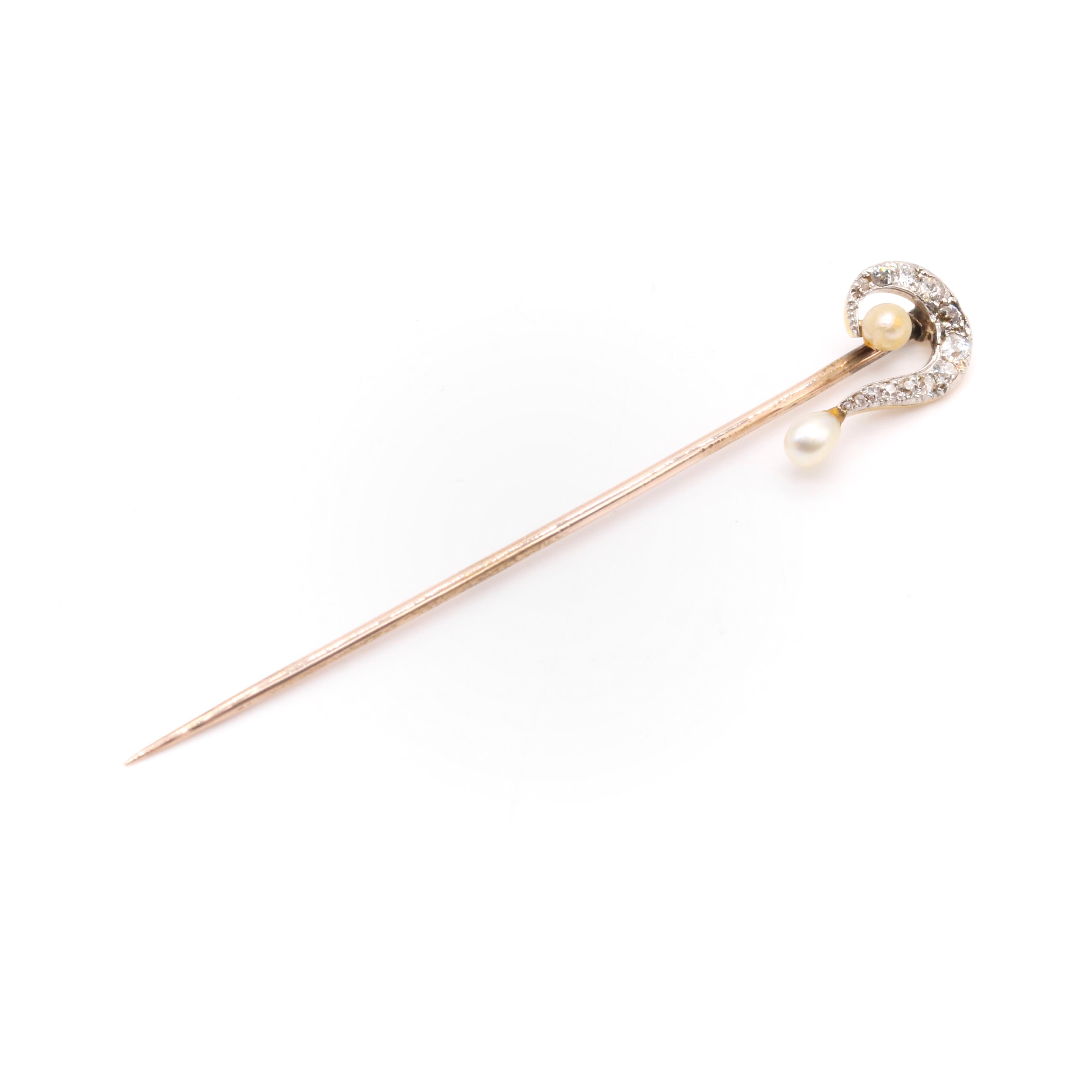 Antique Yellow Gold Diamond and Pearl Question Mark Stick Pin in Fitted ...
