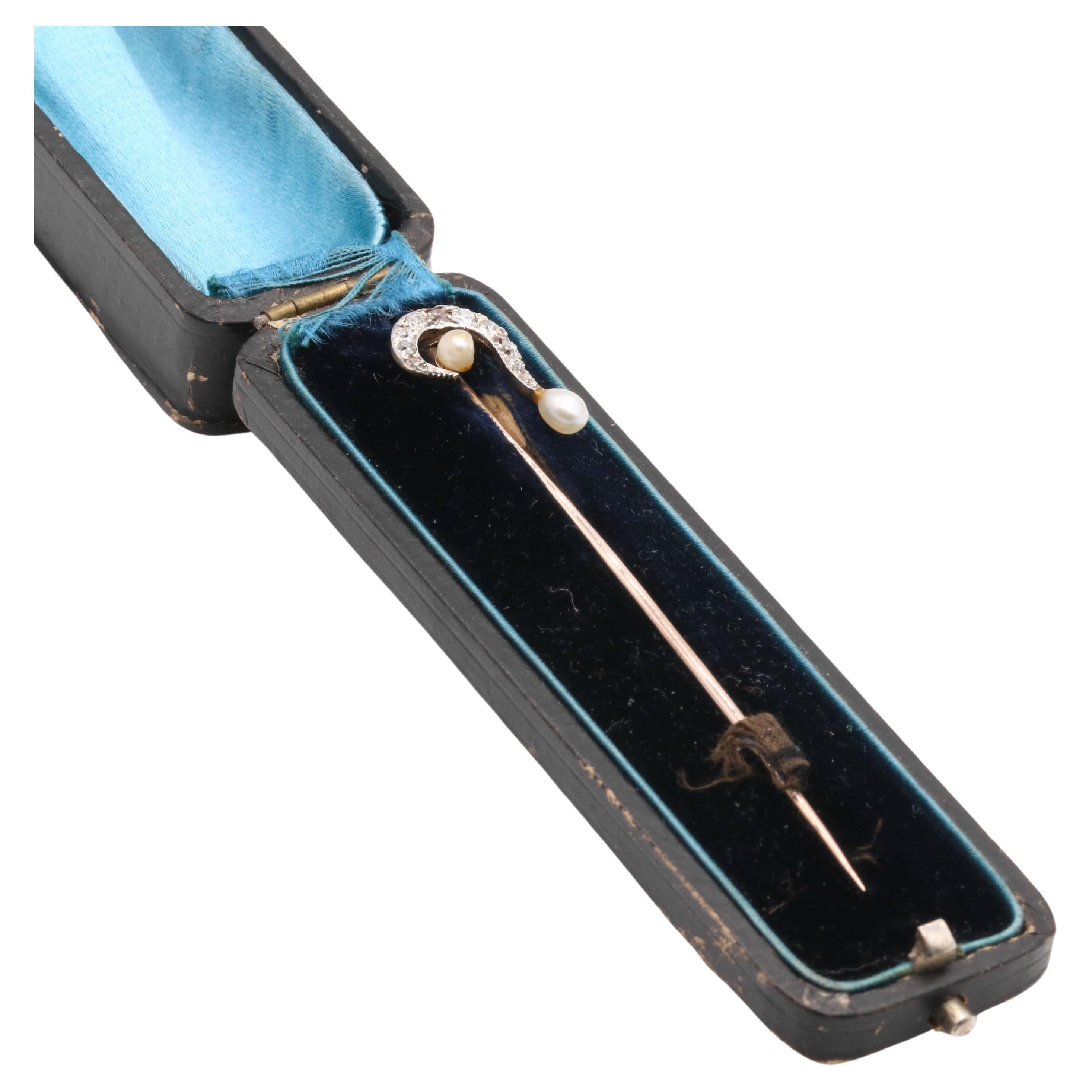 Antique Yellow Gold Diamond and Pearl Question Mark Stick Pin in Fitted ...